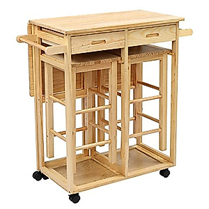 FCH Drop Leaf Table with 2 Square Stools and 2 Drawers Solid Wood Kitchen Table and Chair Set Island Cart Trolly Breakfast Bar