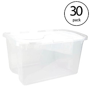 Sterilite 48 Quart Multipurpose Clear Base Storage Box Tote Container with Secure Hinged Lid for Home or Office Organization, (30 Pack)
