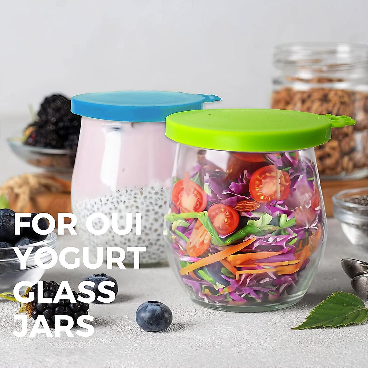 BENIFILE 3-in-1 Oui Yogurt Jar Lids - 4 Pack Oui Jar Lids Compatible with Yoplait Yogurt Container Reusable Silicone Stretch Canning Lids Replacement Covers for Oui Yogurt Glass Jars