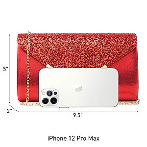 Dasein Women Evening Bags Formal Clutch Purses for Wedding Party Prom Handbags with Shoulder Strap and Glitter Flap (Red)