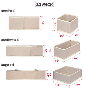DIOMMELL 12 Pack Foldable Cloth Storage Box Closet Dresser Drawer Organizer Fabric Baskets Bins Containers Divider for Clothes Underwear Bras Socks Lingerie Clothing, Beige 444