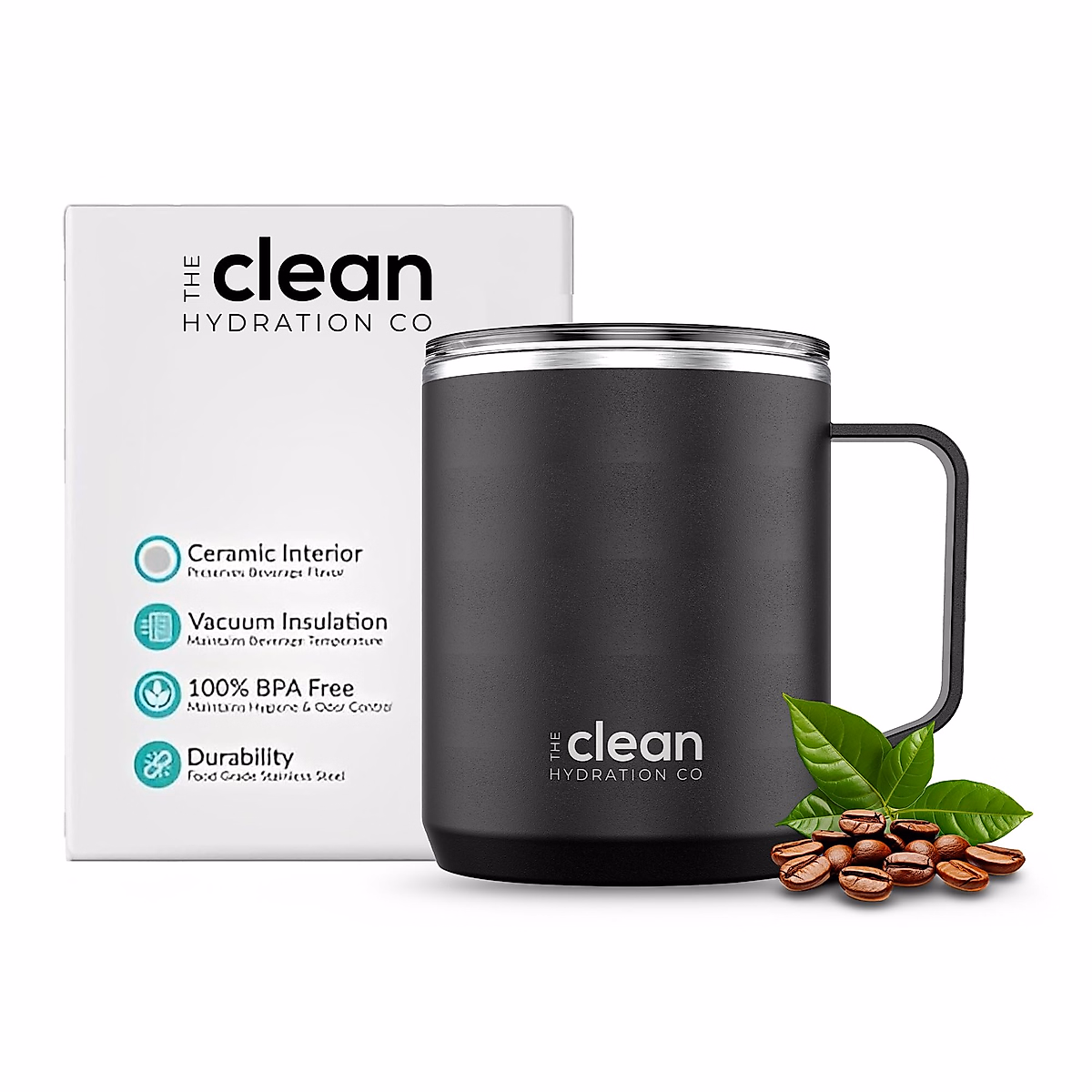 The Clean Hydration Company Coffee Cup Travel Mug Insulated - 12 Oz | Ceramic Lined Tumbler Cup with Lid | Reusable Office Mug | Double Wall Vacuum Eco-Friendly, BPA-Free