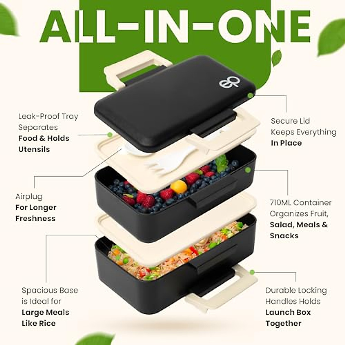 Adult Bento Box Lunch Box with Containers & Utensils - Leak Proof Bento Lunch Box for Adults - 2-Compartments w/ Handles, Sturdy, BPA-Free, Indoor, Outdoor, Gym, 5" x 7" x 4.5", Black Food Container