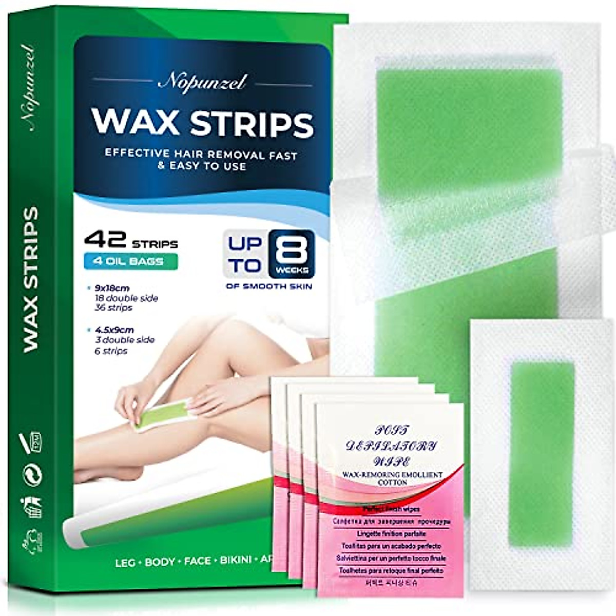 Nopunzel Wax Strips, Waxing Strips, Wax strips for Hair Removal, Facial Waxing Strips, Body Wax Strips for Arms, Legs, Chest, Back and Bikini, Hair Removal for Women and Men, Waxing Kit with 42 Wax Strips (2 Sizes) + 4 Calming Oil Wipes (Green)