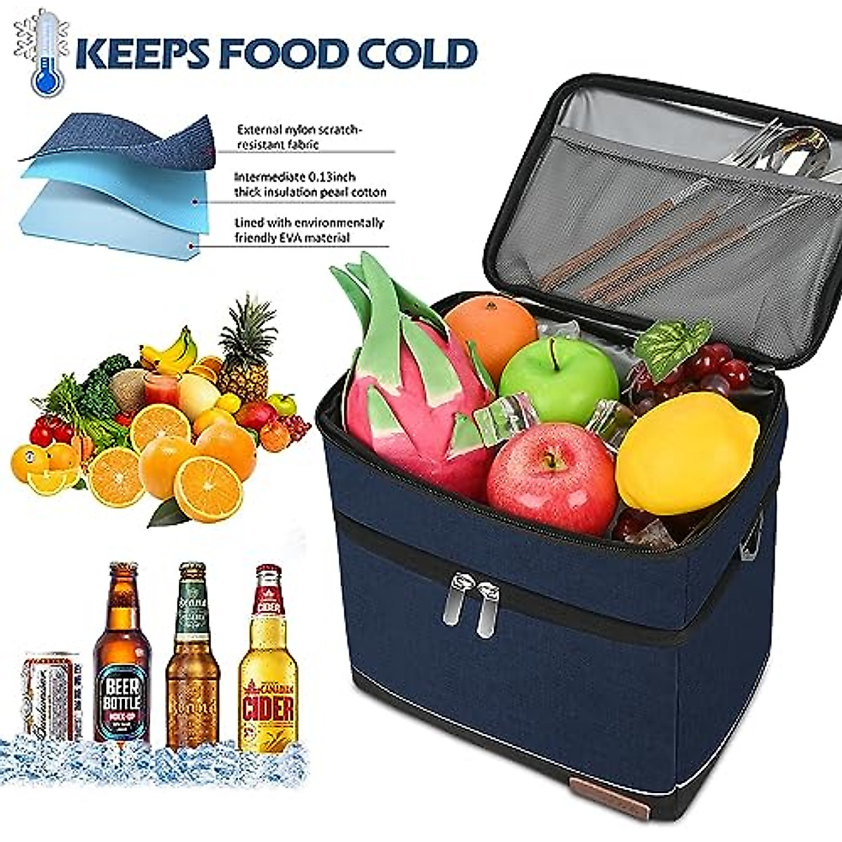 MIYCOO Insulated Lunch Bag for Women Men Leakproof Double Deck Lunch Box Soft Large Lunch bags Cooler Bag Blue