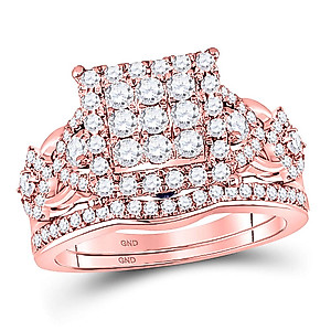 14kt Rose Gold Womens Round Diamond Vintage-inspired Bridal Wedding Engagement Ring Band Set 1-1/4 Cttw