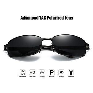 ZHILE Wrap Polarized Sunglasses Rectangular Metal Frame Classic Style Large Size (Black, Grey)