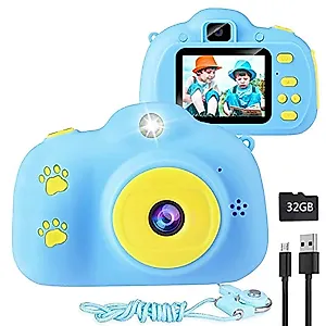 Kids Camera 1080p Hd Digital Video 8mp Camera 2-inch IPS Screen Selfie Micro Camera with 32gb Sd Card Rechargeable Children Camera Birthday New Year Toy Gifts (Blue)