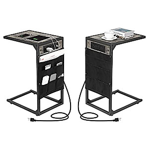 Set of 2 C Shaped End Table with Charging Station, Snack Side Table, C Tables for Couch, Couch Tables That Slide Under, for Living Room, Bedroom, Gray