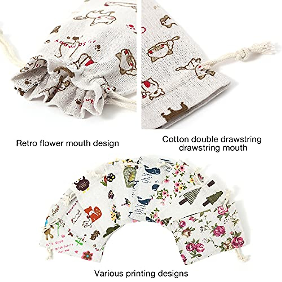 YoungJewl 50PCS Jewelry Burlap Bags with Drawstring Linen Big Roses Flower Pouch Gift Bags for Wedding Favors Party and DIY Craft (4X6Inches)