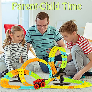 Race Car Track Toy for Kids, 200pcs Flexible Tracks of Glow in The Dark with 1 LED Light-Up Race Car for 3 4 5 6 7 Years Old Boys Girls Toddler, 19Ft Train Track Set Can be Build in Various Ways