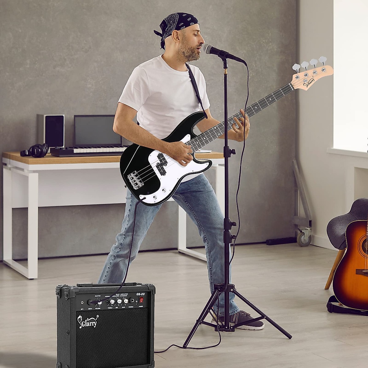 GLARRY Full Size Electric Bass Guitar Beginner Kit 4 String with AMP, Cable, Strap, Bag and Accessories (Black)