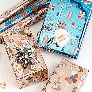 WRAPAHOLIC Birthday Wrapping Paper Roll - Adorable Dogs and Colorful Balloons with Metallic Foil Shine - 4 Rolls - 30 Inch X 120 Inch Per Roll