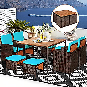 HAPPYGRILL 9PCS Patio Dining Set Outdoor Dining Furniture Set with Cushions, Space-Saving Dining Table with Acacia Wood Tabletop Rattan Wicker Chair and Ottoman Sets for Backyard Garden Poolside