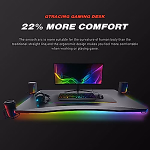 GTRACING Gaming Desk with Led Strip Lights, 44 Inch Ergonomic Z-Shaped Carbon Fiber Surface Computer Gaming Table for PC, Home Office Gamer Desk with Cup Holder, Speaker Holders and Headphone Hook