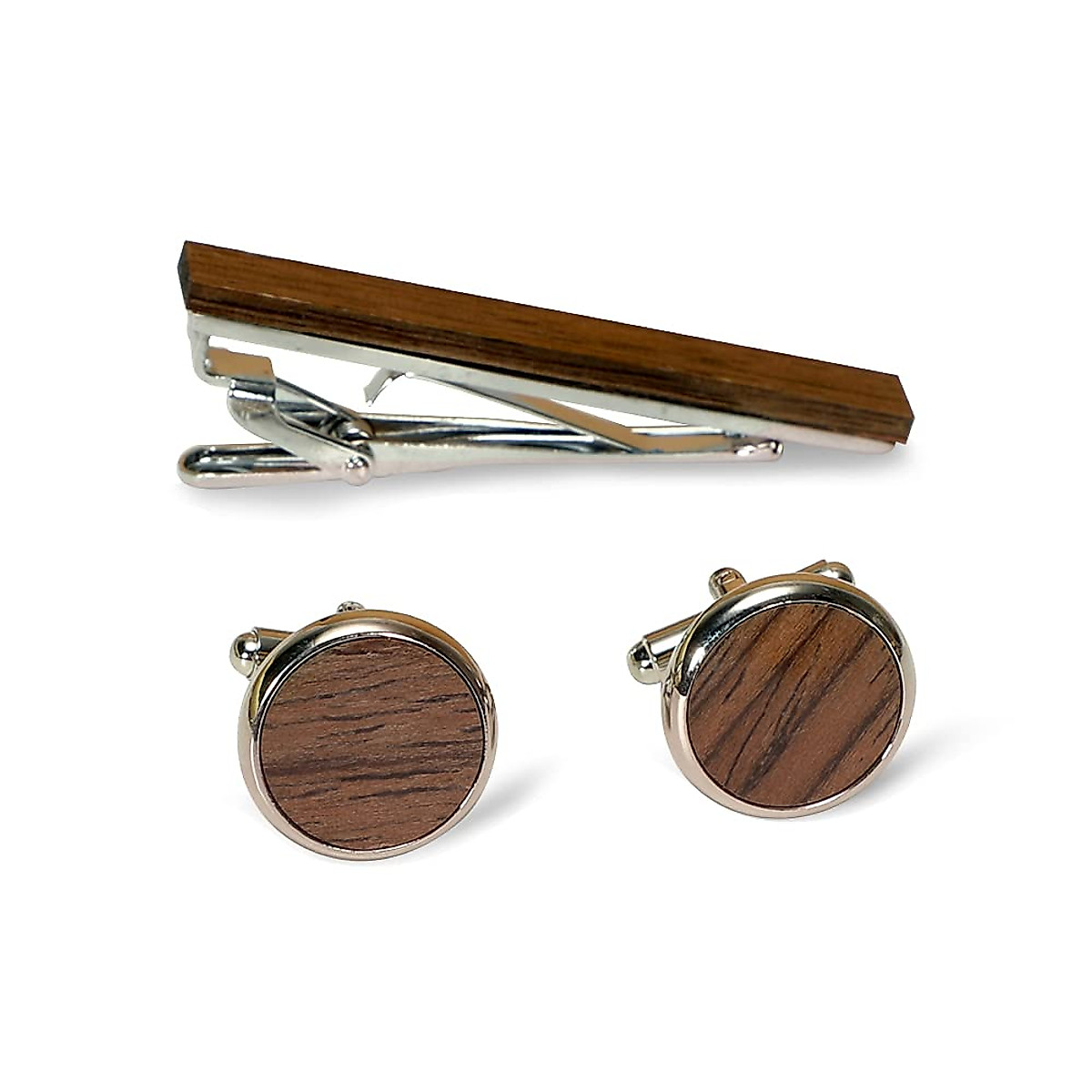 Wood Tie Clip and Cufflink Sets for Men, 2 inch Tie Clips Sets for Men Wood Inlay Tie Clip & Round Cufflinks with Gift Box,Tie Clips Set for Formal Business Wedding