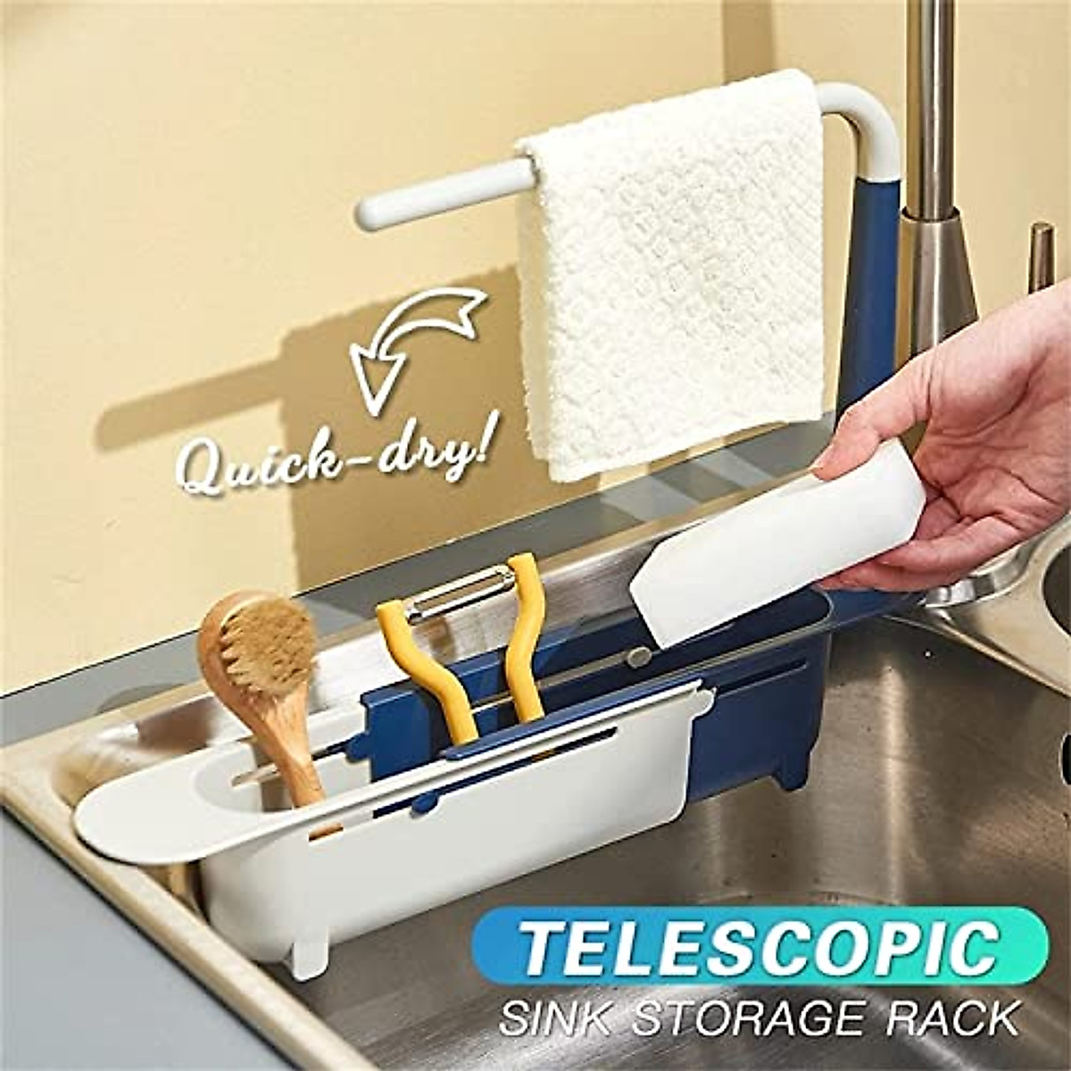 GDSAFS Updated Telescopic Sink Storage Rack, Adjustable Length Drainer Sink Storage Tray Sponge Soap Holder with Dishcloth Hanger Expandable Storage Drain Basket for Home Kitchen (Blue)