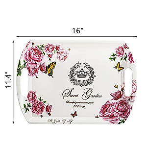 ZEAYEA 3 Pack Melamine Serving Tray, Large Serving Platter with Handle for Eating, 16" x 11.4" Rectangular Stackable Food Tray with Floral Print for Home, Party, Restaurant, Picnic