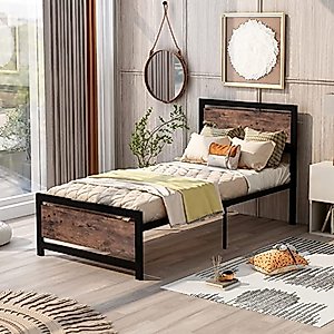 Metal Twin Bed Frame with Headboard, Bed Frame for Men Black Metal Bed Frame with Headboard and Footboard No Box Spring Needed 77.5 Inch