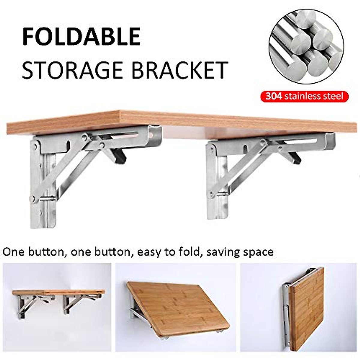 Folding Shelf Brackets - Heavy Duty Stainless Steel Collapsible Shelf Bracket for Bench Table, Space Saving DIY Bracket, Max Load: 550lb （Long：10” ，2 PCS）
