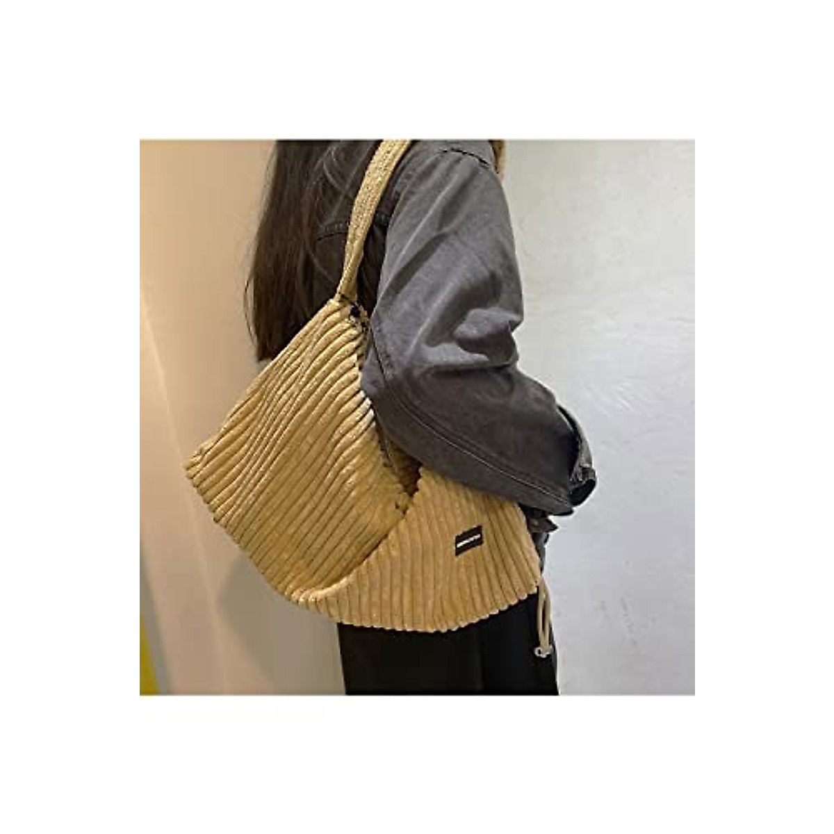 Ulisty Women Corduroy Large Capacity Shoulder Bag Wide Strap Hobo Bag Casual Underarm Bag Handbag khaki
