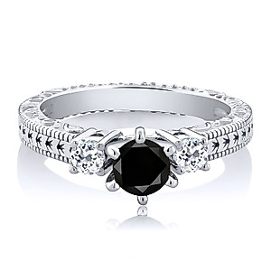 Gem Stone King 0.83 Ct Round Black Diamond White Topaz 925 Sterling Silver Ring (Size 7)