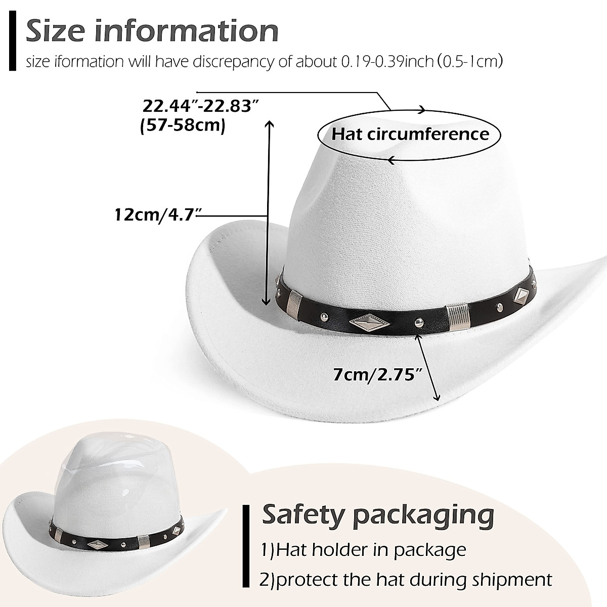 Gossifan Women Men Western Cowboy Cowgirl Hat Fedora Hat with Belt-Black Belt White