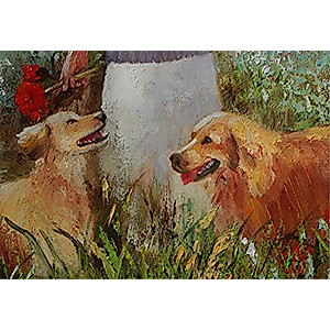 (SOLD) The Puppies and Poppies - female figure and Golden Retrievers by internationally renown painter Yary Dluhos
