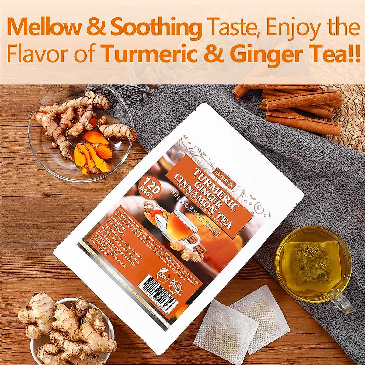 120 Premium Turmeric, Ginger, Cinnamon Blend Tea Bags, 100% Natural & No Additives & Caffeine Free.
