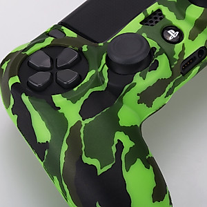 YoRHa Water Transfer Printing Camouflage Silicone Cover Skin Case for Sony PS4/slim/Pro Dualshock 4 Controller x 1(Green) with Pro Thumb Grips x 8