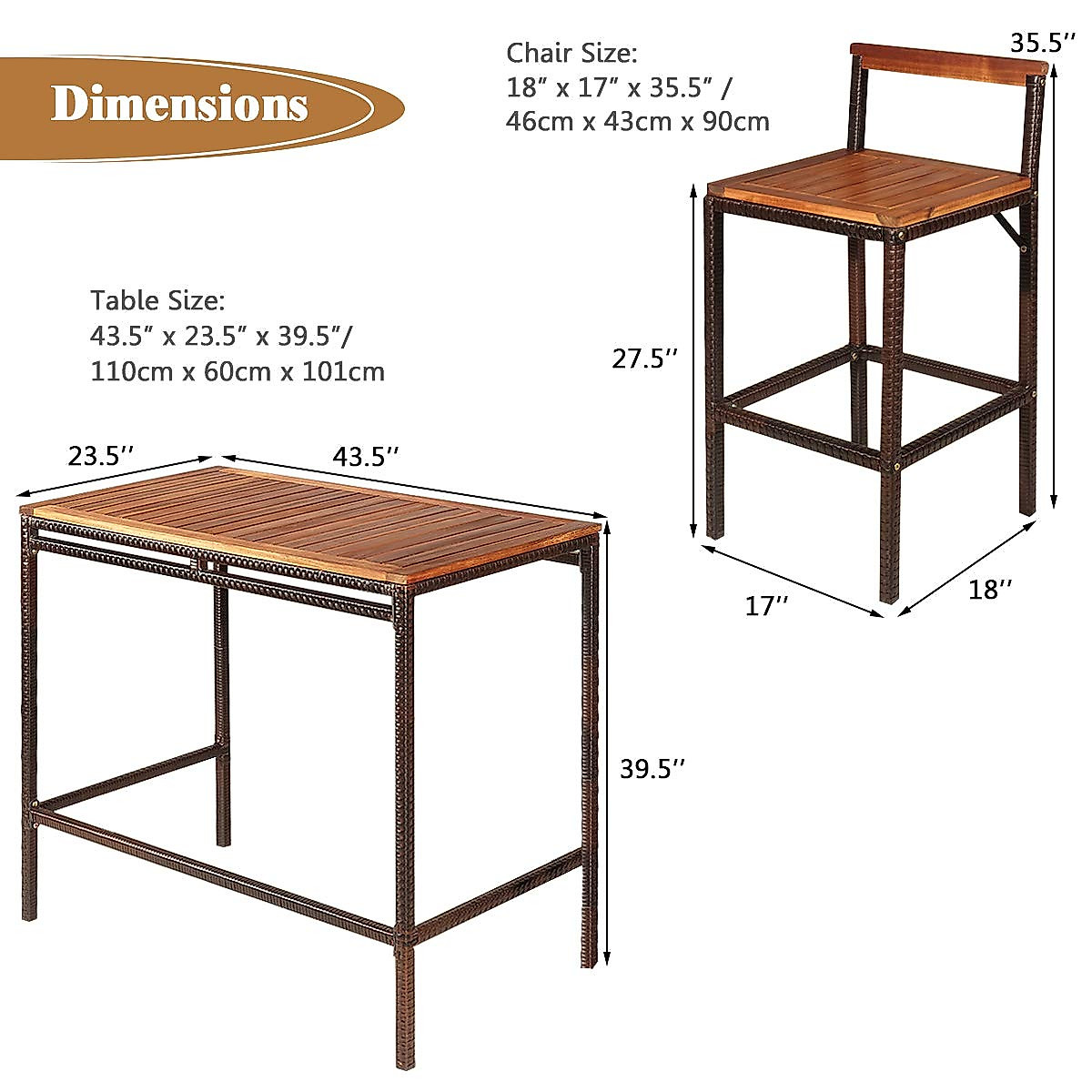 Tangkula 3 PCS Patio Bar Table Set, Outdoor Rattan Bar Set Bistro Set with Acacia Wood Top, Wood Table Set with 2 Bar Chairs for Dining Room, Backyard, Patio and Balcony