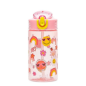 Zak Designs Kids Water Bottle For School or Travel, 16oz Durable Plastic Water Bottle With Straw, Handle, and Leak-Proof, Pop-Up Spout Cover (Sunny Smiles)
