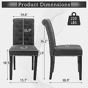 ABET Modern Dining Chairs Set of 2, Button Tufted Parsons Dining Chairs, Upholstered Fabric with Nailheads and Solid Wood Legs, Stylish Kitchen Chairs with Padded Seat, Dark Grey