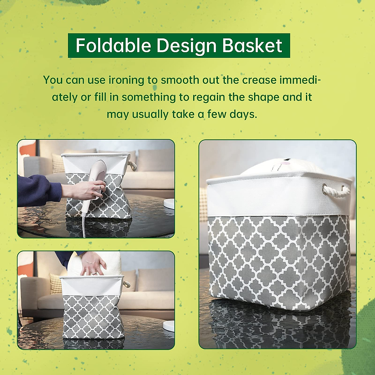 Cozyaver Storage Baskets for Shelves, 13'' x 13'' x 13'' Cube Organizing Closet Nursery Toy Decorative Linen Fabric Organizers with Cotton Handles, 3 Pack Grey Clover