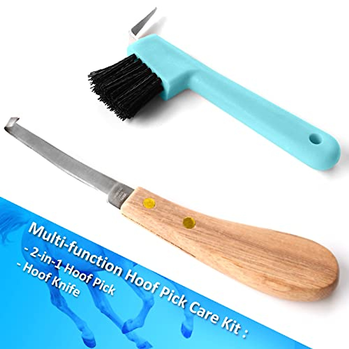 Horse Grooming Kit Blue Tote - 9pcs Horse Care Kit with Multi-Function Brushes & Curry Combs, Sweat Scraper, Hoof Pick, Hoof Knife for Horse Kit Horse Cleaning Tool Set Equine Grooming Portable