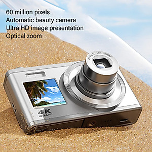 4K Digital Camera, 10X Optical Zoom Vlogging Selfie Camera Auto Focus with 2.88 Inch HD Screen for Beginners, 750mAh Anti Shake Travel Camera for Photography (Silver)