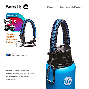WaterFit Paracord Handle - Paracord Carrier Survival Strap Cord with Safety Ring and Carabiner Compatible with Hydro Flask Wide Mouth Water Bottles 12oz - 64 oz