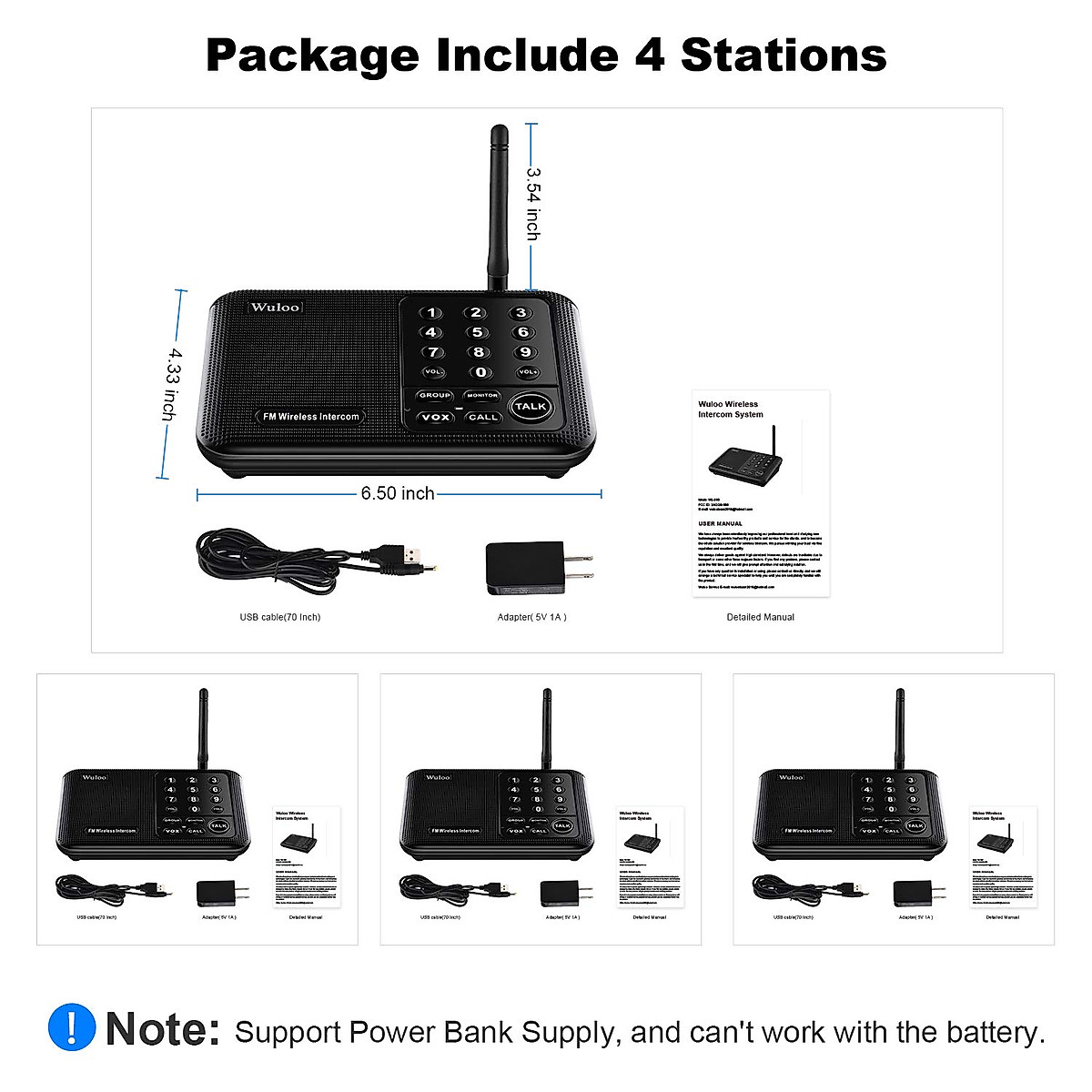 Wuloo Intercoms Wireless for Home 5280 Feet Range 10 Channel 3 Code, Wireless Intercom System for Home House Business Office, Room to Room Intercom, Home Communication System (4 Units Set, Black)