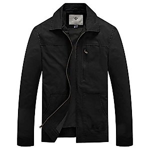 WenVen Men's Casual Canvas Cotton Lightweight Military Jacket (Black,M)