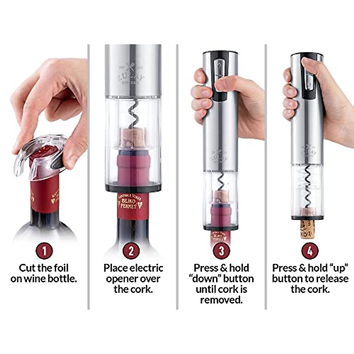 Zulay Electric Wine Opener With Charging Base and Foil Cutter - Stainless Steel Automatic Wine Bottle Opener - Rechargeable Electric Wine Bottle Opener - Wine Opener Electric Corkscrew Opener