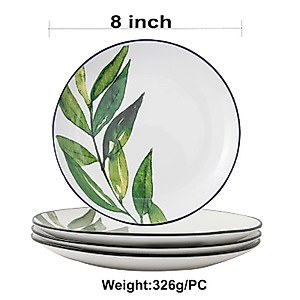 YUYHQCBT 8 Inch Set of 4 Assorted Designs, Porcelain Plates With Plants Patterns,Ceramic Dinnerware Plates, Dishware With Black Rim for Sandwiches Salad Pasta, Microwave Oven Dishwasher Safe