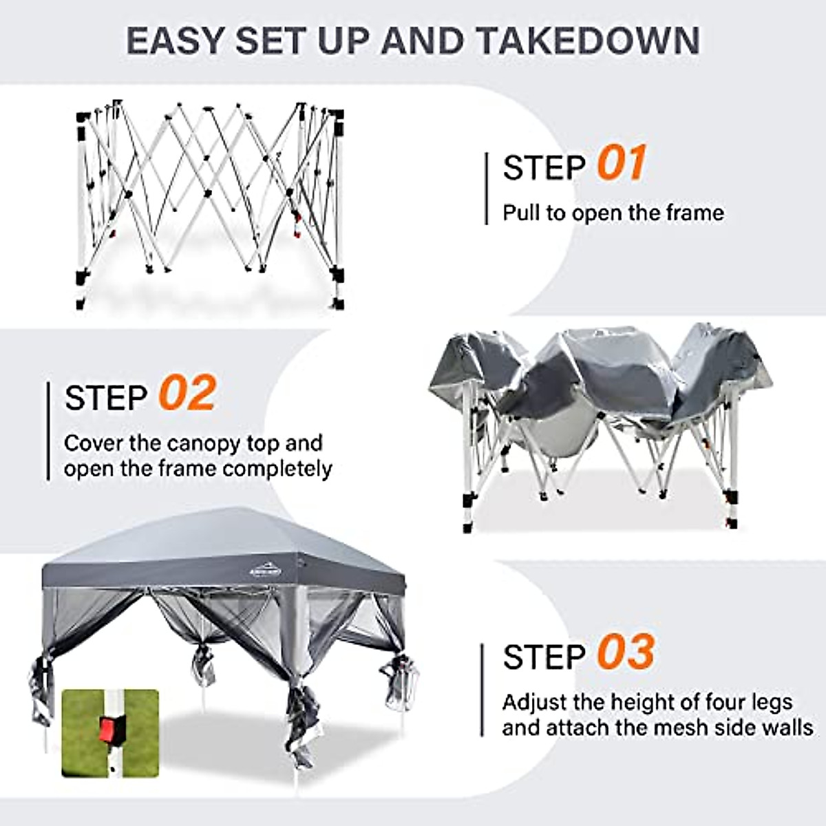 AIGOCANO Canopy Tent with Netting Screen,10x10 Easy Pop Up Gazebo for Outdoor Parties,Camping,Foldable Patio Gazebo with Roller Bag and 4 Sandbags(Grey)