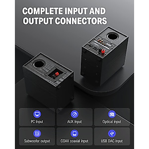 Donner Active Bookshelf Speakers with 60W RMS Powered, Long Stroke Stereo Speakers with Bluetooth 5.0/Coax/Opt/USB DAC/Double RCA Input and Subwoofer Output, Home Audio System - A40D