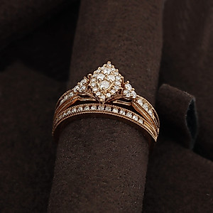 DZON Sterling Silver with Roe Gold Plating 1/2CT TDW Round Diamond Marquise-framed Halo Wedding Engagement Ring Set for Women(I-J,I2)