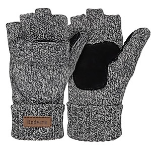 Bodvera Thermal Insulation Fingerless Texting Wool Gloves for Women and Men Winter Warm Knitted Convertible Mittens Flap
