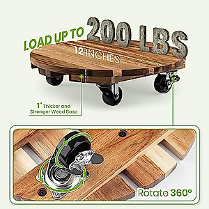 Velway 2Pack Plant Caddy Stand with Wheels: 12" Round Rolling Plant Stand with 360° Lockable Casters - Heavy-Duty 220lbs Acacia Wood Plant Dolly for Indoor Outdoor Patio Flower Pot