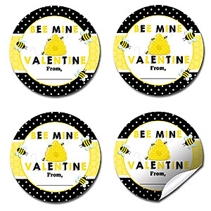 Bee Mine Bumble Bee Valentine Party Favor Sticker Labels, 40 2" Party Circle Stickers by AmandaCreation, Great for Classroom Valentines, Envelope Seals, Gifts & Treats