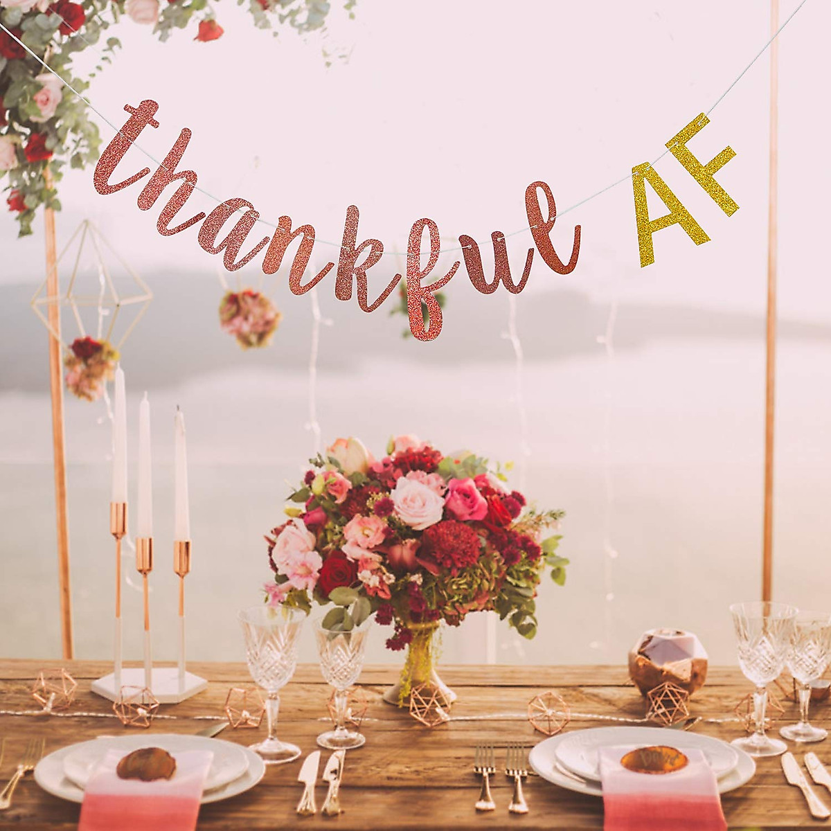 Rose Gold Glitter Thankful AF Banner-Great for Thanksgiving Day Party Decor-Baby Bridal Shower Birthday Party Decorations-Office Work Party Decorations