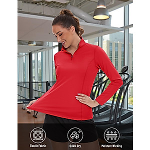 TACVASEN Women's Athletic Shirts Red Quarter Zip Pullover Womens UV Protection Shirts Rash Guard for Women Quick Dry, L