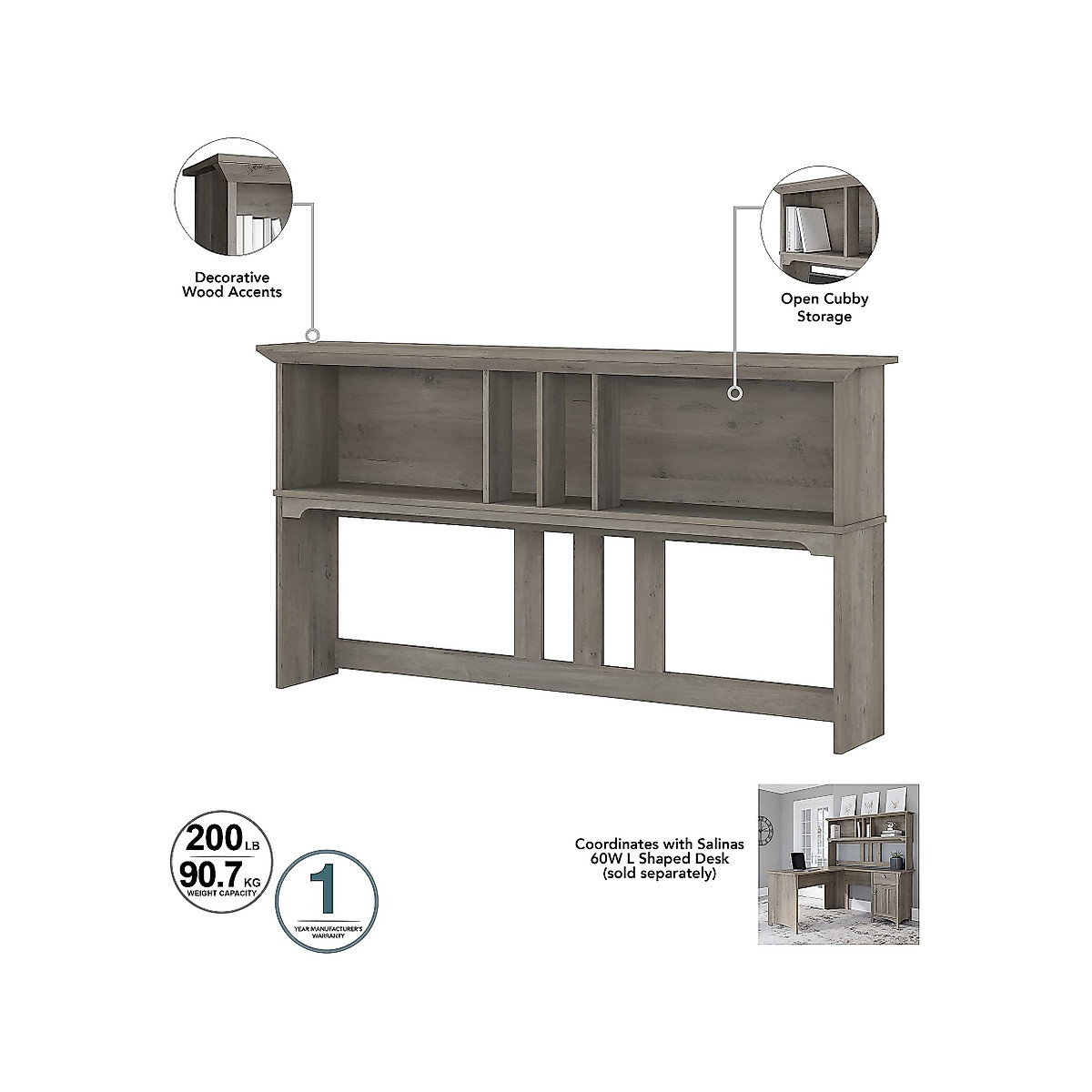 Bush Furniture Salinas Hutch, Desk Attachment with Shelf Storage for Home Office, 60W, Driftwood Gray